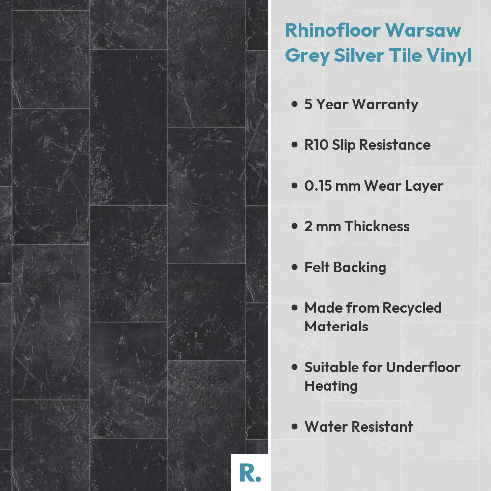 Rhinofloor Warsaw Grey Silver Tile Vinyl | From £7.95 / sq. metre