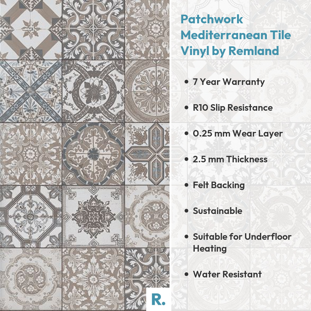 Patchwork Mediterranean Tile Vinyl by Remland | From £13.95 / sq. metre