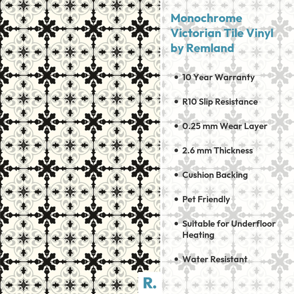 Monochrome Victorian Tile Vinyl by Remland | From £6.95 / sq. metre